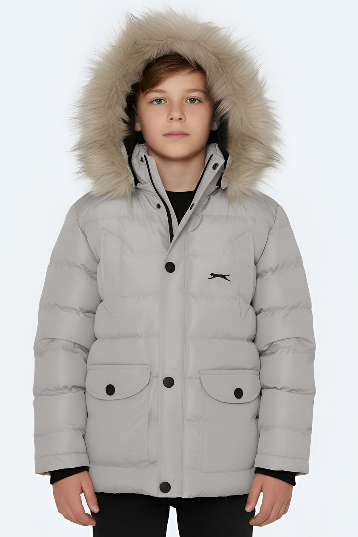 Slazenger NAPOLI Unisex Çocuk Kapüşonlu Şişme Gri Mont & Kaban | Slazenger